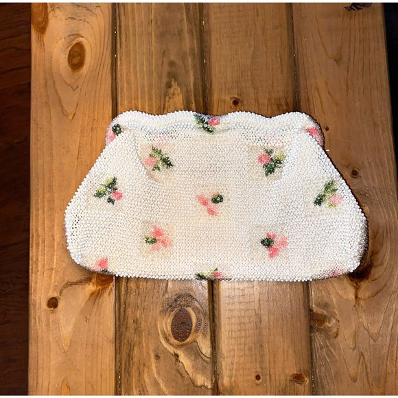 Bags | Vintage White Pink Glass Beaded Dainty Floral Clutch | Poshmark
